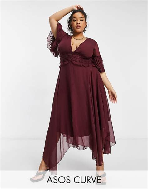 Asos Design Curve Flutter Sleeve Midi Dress With Pleated Waist And