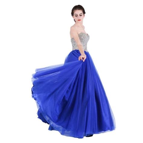 Classic A Line Strapless Corset Long Royal Blue Tulle Beaded Prom Dress