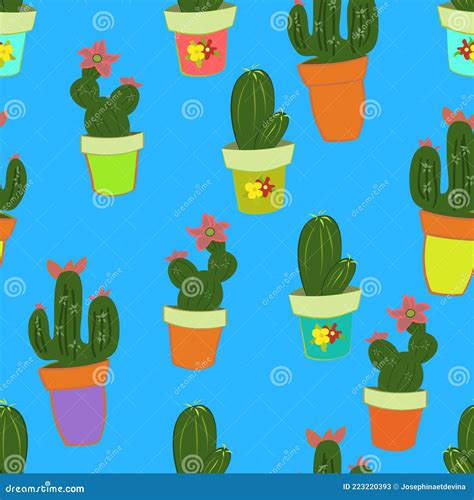 Cute Cactus Vector Repeat Pattern On A Sky Blue Background Stock Vector