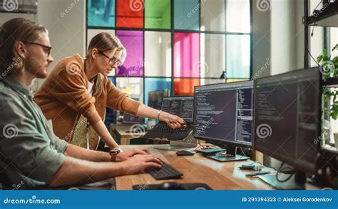 Female Senior Software Engineer Gives Advice To Male Junior Developer Pointing At Desktop