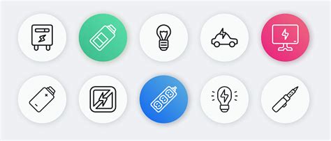 세트 라인 전기 확장 스마트 Tv 배터리 충전 크리 에이 티브 램프 조명 아이디어 자동차 납땜 인두 및 번개 아이콘 없음 벡터 개념에 대한 스톡 벡터 아트 및 기타 이미지