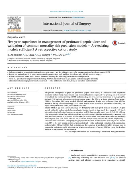 Pdf Five Year Experience In Management Of Perforated Peptic Ulcer And Validation Of Common