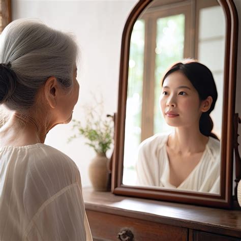 Premium Photo An Elderly Woman Looks In The Mirror And Sees Herself