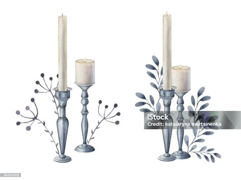 수채화 촛대 촛불 클립 아트입니다 흰색 배경에 그려진 고립된 그림 할로윈 테마 고딕 공포 마녀 불타기 이교도 요술 밀교를 주제로 인쇄 섬뜩한에 대한 스톡 벡터 아트 및 기타