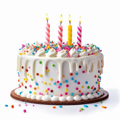 Un Pastel De Cumpleaños Con Un Pastel Blanco Con Velas Foto Premium
