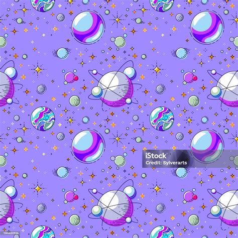행성 별 소행성 및 혜성 어린이를 위한 알려지지 않은 은하계 우주 환상적이 고 흥미로운 섬유 직물 공간 완벽 한 배경 끝 없는 타일링 패턴 벡터 일러스트 레이 션 경외감에