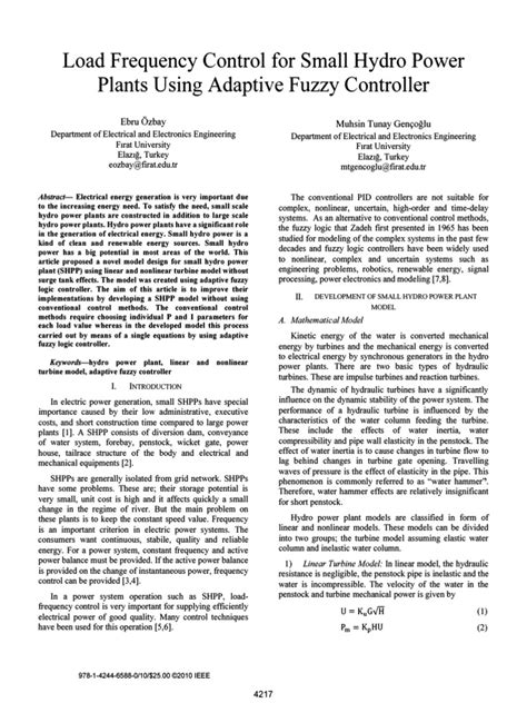 Load Frequency Control For Small Hydro Power Plants Using Adaptive Fuzzy Controller Pdf