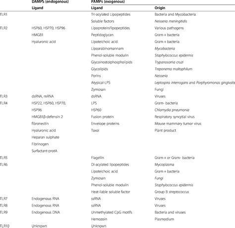 Toll Like Receptors Tlrs And Their Damps And Pamps Ligands Download
