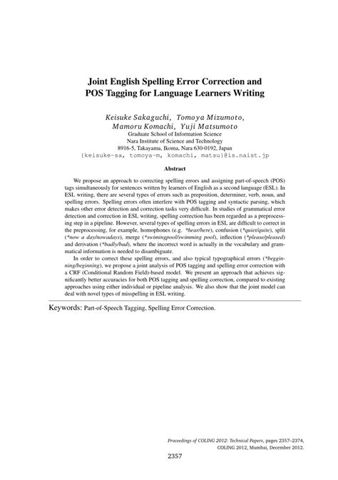 Pdf Joint English Spelling Error Correction And Pos Tagging For Language Learners Writing