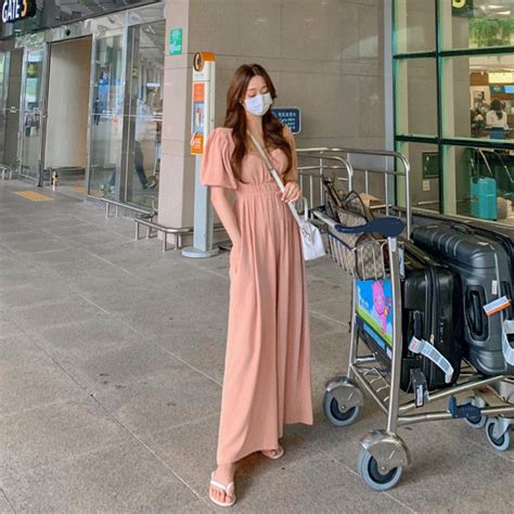 휴가룩롱다리핏 린넨 스퀘어넥 반팔 퍼프 점프수트 밴딩 벌룬 소매 셔링 와이드 팬츠 점프슈트 블랙 핑크 회베이지 에이블리