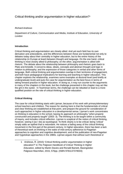 Pdf Critical Thinking And Or Argumentation In Higher Education
