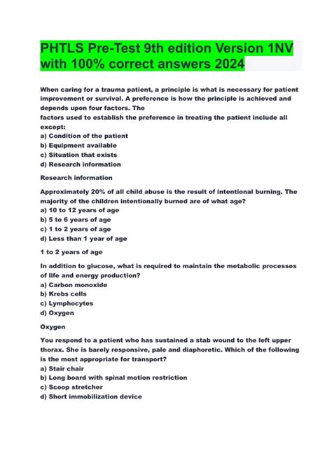 Phtls Pre Test 9th Edition Version 1nv With 100 Correct Answers 2024