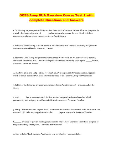 gcss army dua overview course test 1 with complete questions and
