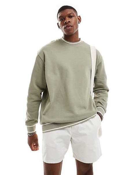Asos Design Oversized Sweatshirt With Tipping Details In Stone Asos