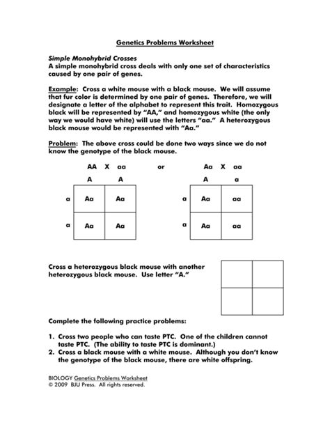Genetics Problems Monohybrid Crosses Worksheet