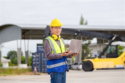 Engineer Man With Laptop At Infrastructure Construction Site Foreman Worker Checking Project In