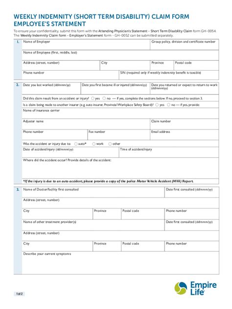 Fillable Online Weekly Indemnity Short Term Disability Claim Form