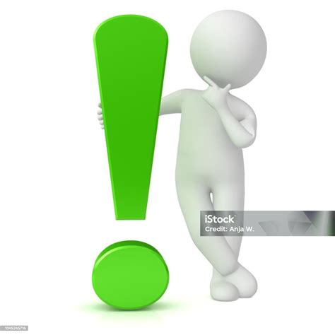 느낌표 3d 녹색 느낌표 백색 막대기 그림 사람 사람 코치 생각 묻는 문자 지원 학습 기호 기호 아이콘 흰색 배경에 고립 된