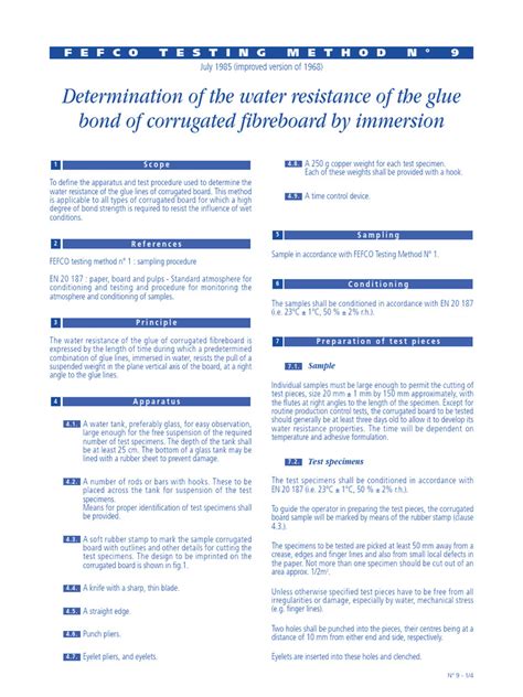 Fefco Testing Methods 009 Water Resistance Of Glue Bond Pdf Adhesive Water