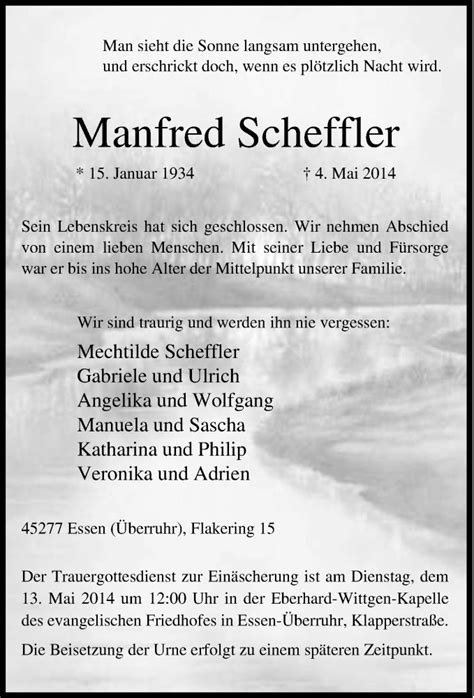 Traueranzeigen Von Manfred Scheffler Trauer In Nrwde