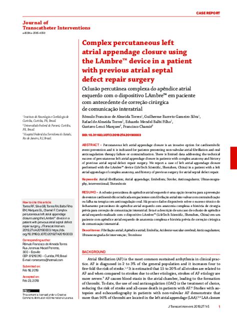 Pdf Percutaneous Laa Closure With Lambre™ In Asd Patient
