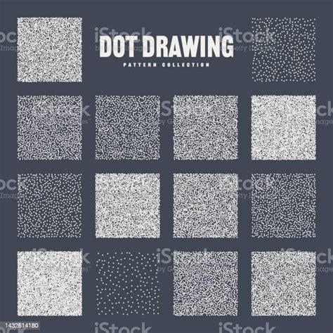 정사각형 모양의 점선 객체 Stipple 요소 찌르기 점웍 그리기 점을 사용한 음영 픽셀 분해 하프톤 효과 백색 소음 거친 질감 패턴 벡터 일러스트 레이 션 0명에 대한