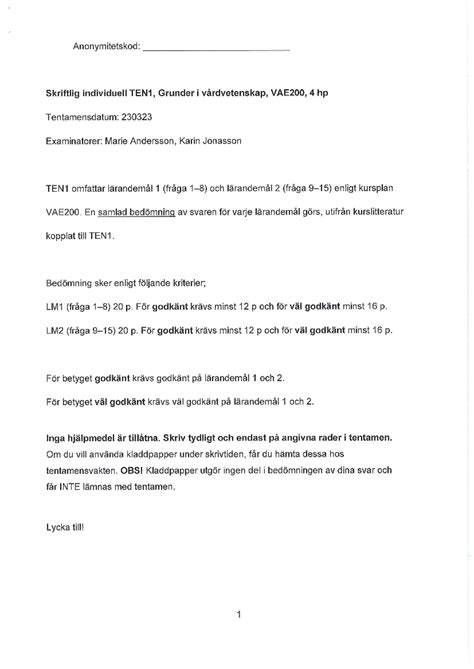 VAE200 TEN1 230323 Gamla Tentor VAE200 Studocu