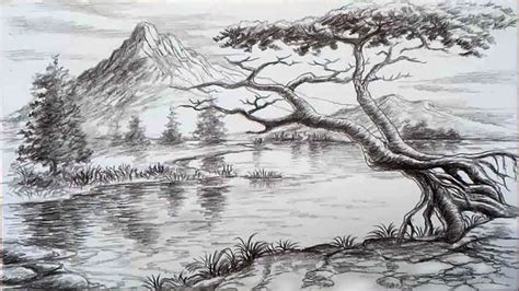 How To Draw Realistic Scenery With Pencil Mountain And Lake