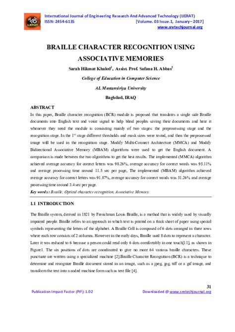 Pdf Braille Character Recognition Using Associative Memories