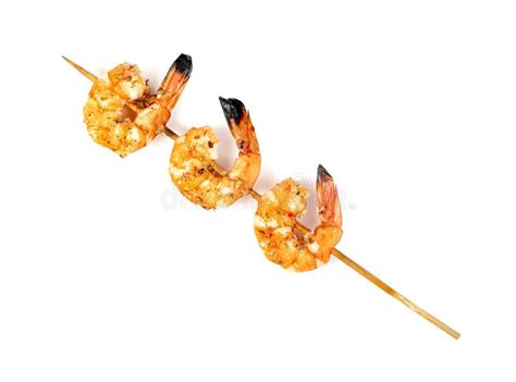 Roasted Peeled Prawn With Skewer Isolated On White Background Grilled