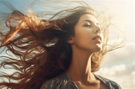 Premium AI Image AI Generative Woman With Long Hair Blowing In The Wind
