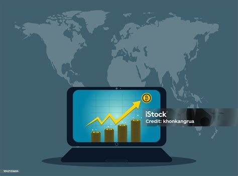 비즈니스 노트북 개념 심볼 화면 배경 지도 세계에 Rowth 차트 Bitcoin 골드 아이콘입니다 고급에 대한 스톡 벡터 아트