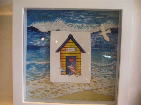 Hand Made Porcelain Tile Mounted On Seascape Beach Textile With Small