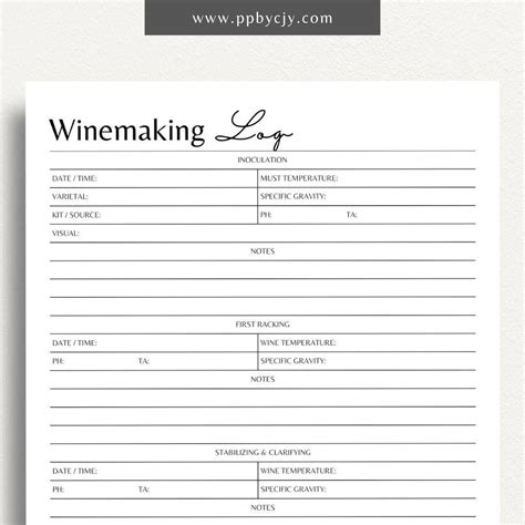 Winemaking Log Printable Template Instant Digital Download Wine