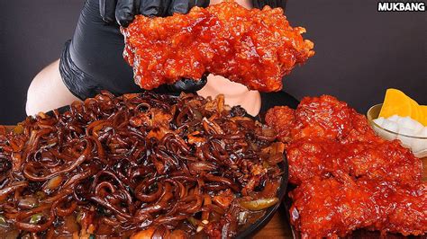 Asmr Mukbang Black Bean Noodles And Kfc Fried Chicken 🍗 Eating 짜장면 And 양념
