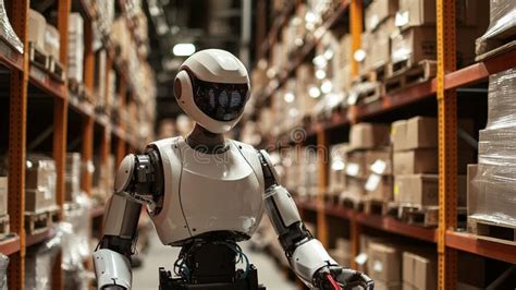 Warehouse Robot A Sleek Robot Navigating An Organized Warehouse Filled With Shelves Of Boxes