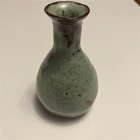 Speckled Teal Brown Handmade Vintage Ceramic Vase Small Bud Vase Signed