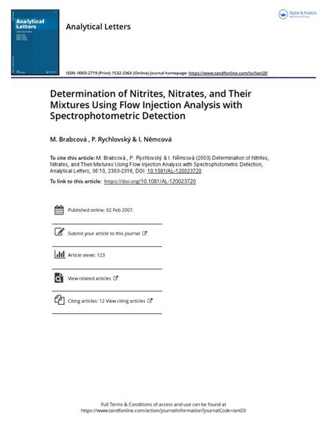 Determination Of Nitrites Nitrates And Their Mixtures Using Flow Injection Analysis With