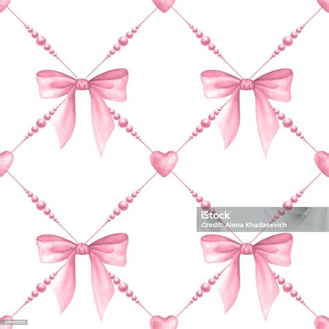 요괴 리본 구슬 하트 파스텔 핑크 색상 펜던트의 고립 된 수채화 완벽 한 패턴은 대각선으로 손으로 그려 Cutecore 낭만적 인 디자인 섬유 포장 및 스크랩북 종이를 위해