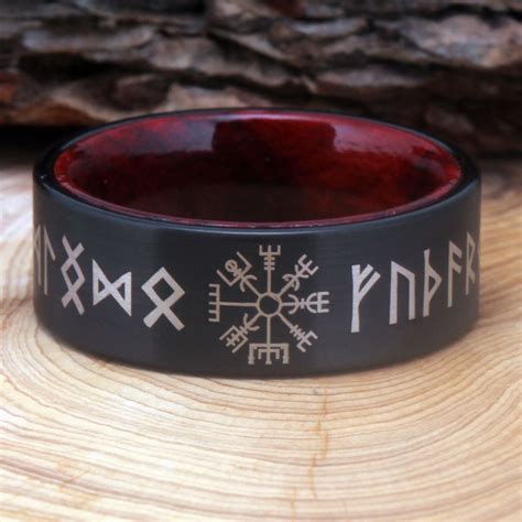 Black Wedding Ring Viking Compass Ring Runic Compass Vegvisir Symbol Ring Matte Black Tungsten