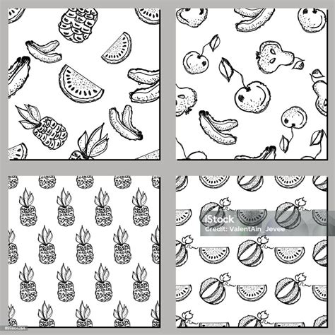 원활한 벡터 패턴의 집합입니다 손 흰색 바탕에 검은색과 흰색 과일 수 박 바나나 파인애플 체리 배의 그림을 그려 선 그리기 0명에 대한 스톡 벡터 아트 및 기타 이미지