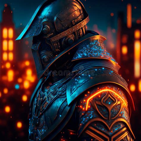 science fiction robot soldier neon armor on the streets of the future