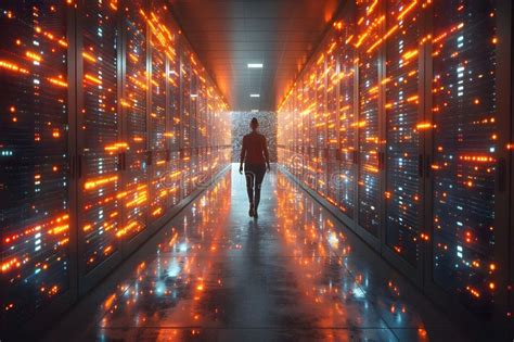 Futuristic Data Center Hallway With Illuminated Servers And Lone Figure Technology Concept