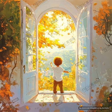 Ai创作图梦幻儿童插画超治愈 治愈系儿童插画 小朋友看着窗外 治愈系儿插 意境儿童插画 秋天治愈插画 窗口里露出头的男孩 开窗见阳光 治愈系