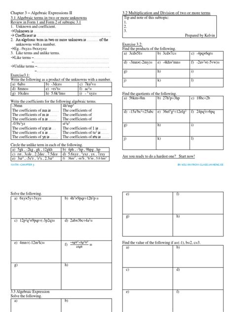 Form 2 Mathematics Notes Exercise By Kelvin Chapter 3 4 Pdf Equations Elementary