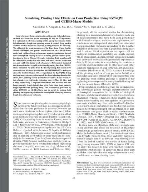 Pdf Simulating Planting Date Effects On Corn Production Using Rzwqm And Ceres Maize Models