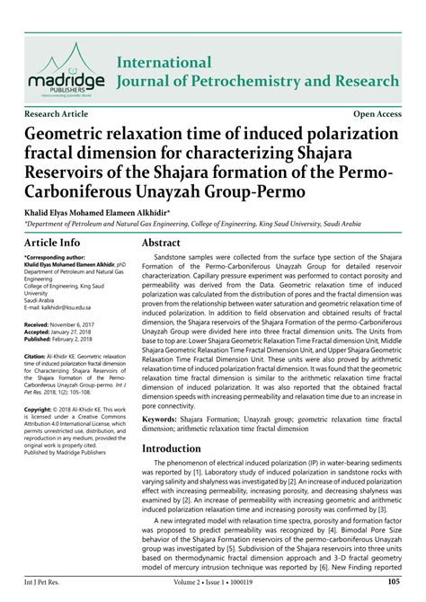 Pdf Geometric Relaxation Time Of Induced Polarization Fractal Dimension For Characterizing