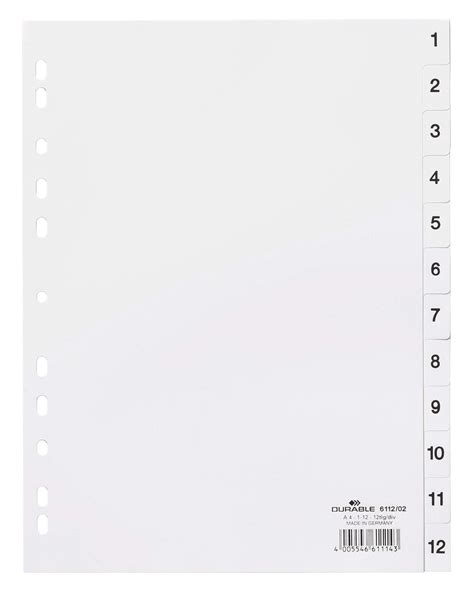 Durable 12 Part Numbered Tab Reinforced Punched Index Divider A4 W