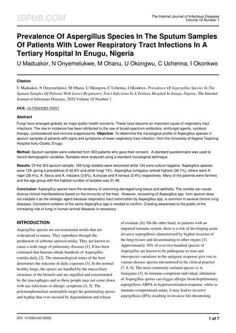 Pdf Prevalence Of Aspergillus Species In The Sputum Samples Of