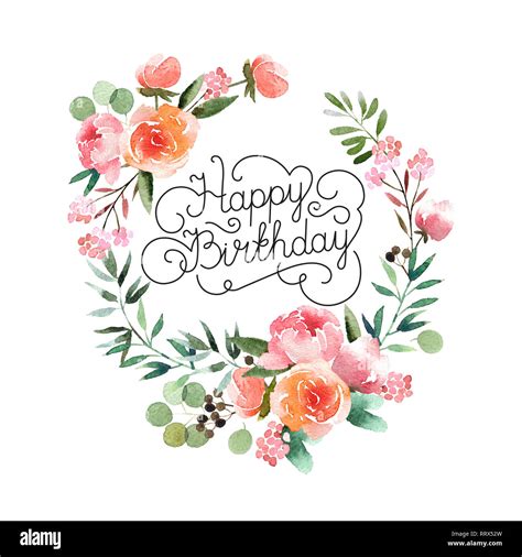 Beautiful Watercolor Wreath With Inscription Happy Birthday Isolated On
